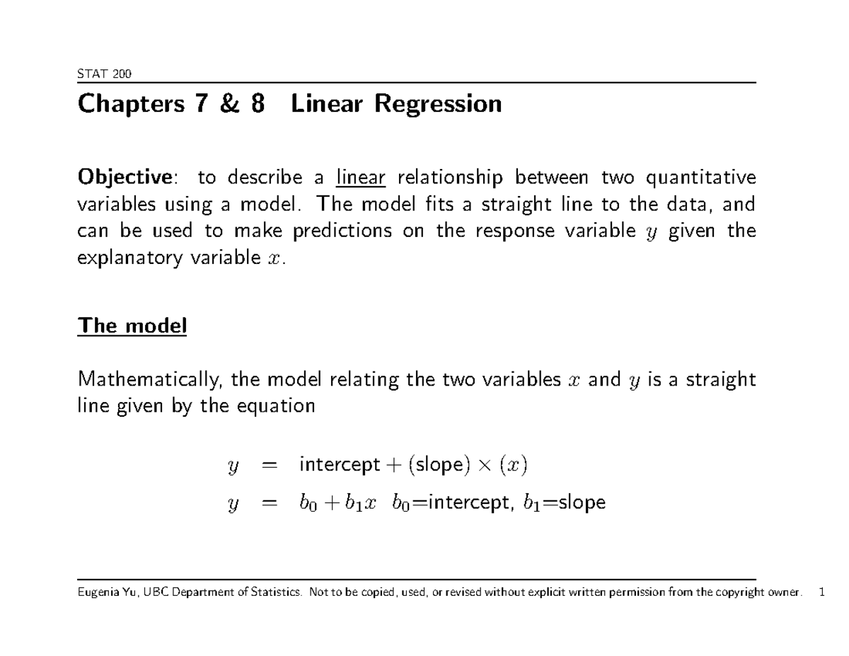 200ch7+8 slides - stat. 200 ubc - Chapters 7 & 8 Linear Regression Objective: to describe a ...