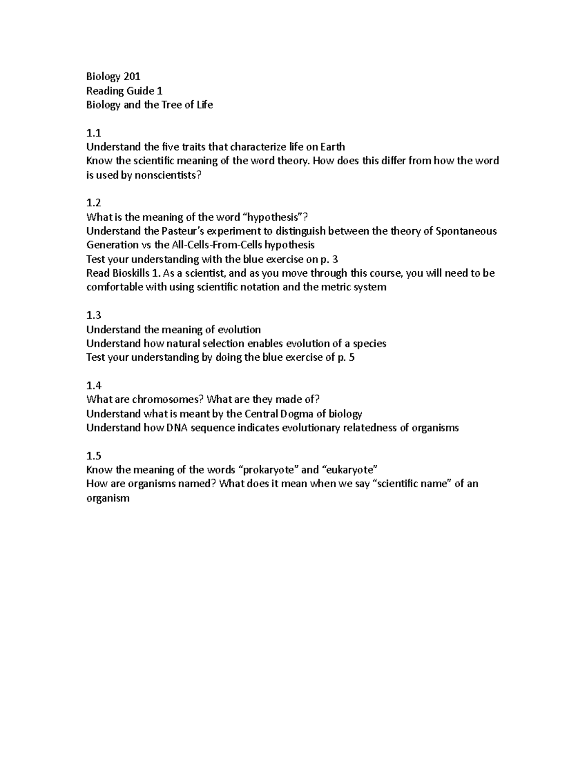 Chapter 1. Life - Biology 201 Reading Guide 1 Biology and the Tree of ...