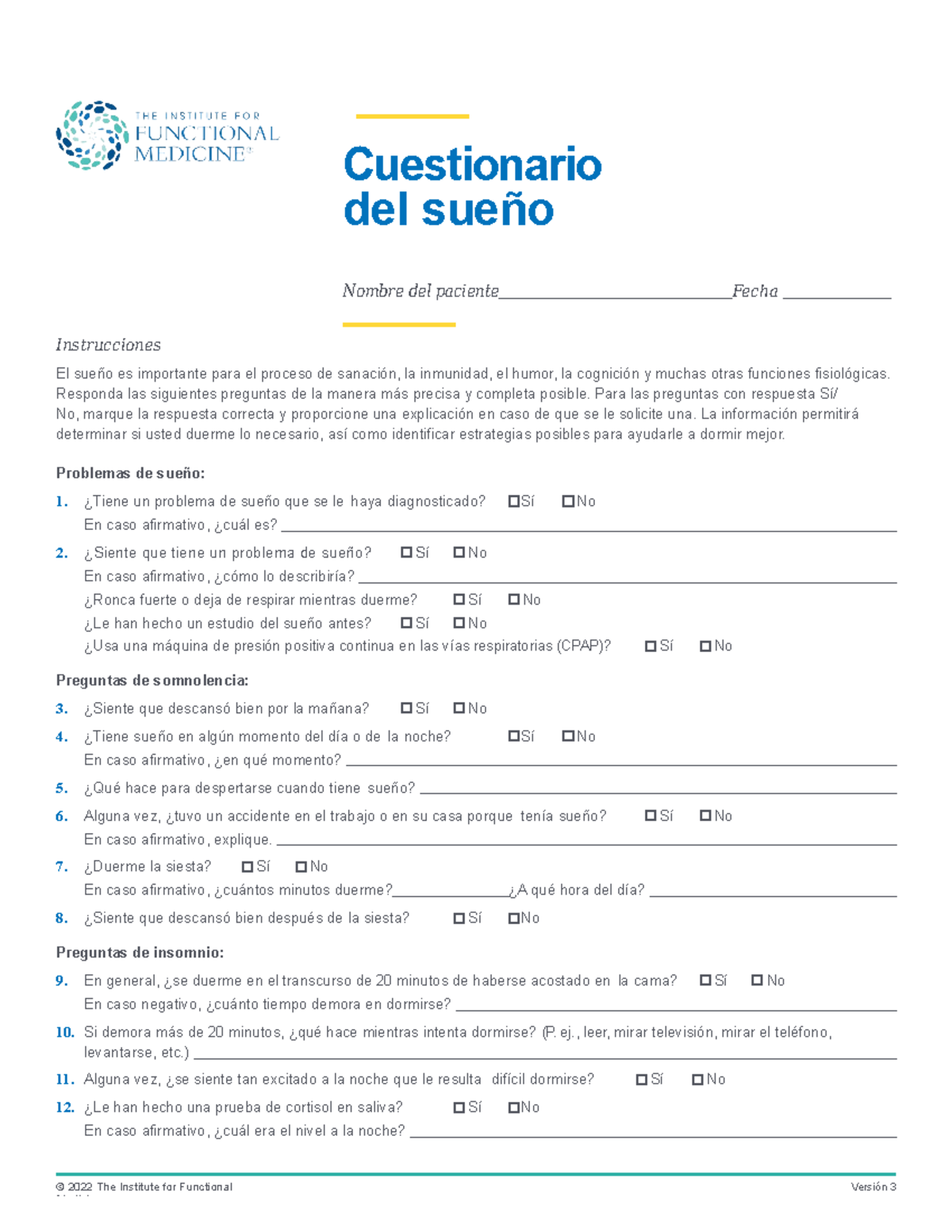Sleep Questionnaire Spanish - © 2022 The Institute for Functional ...