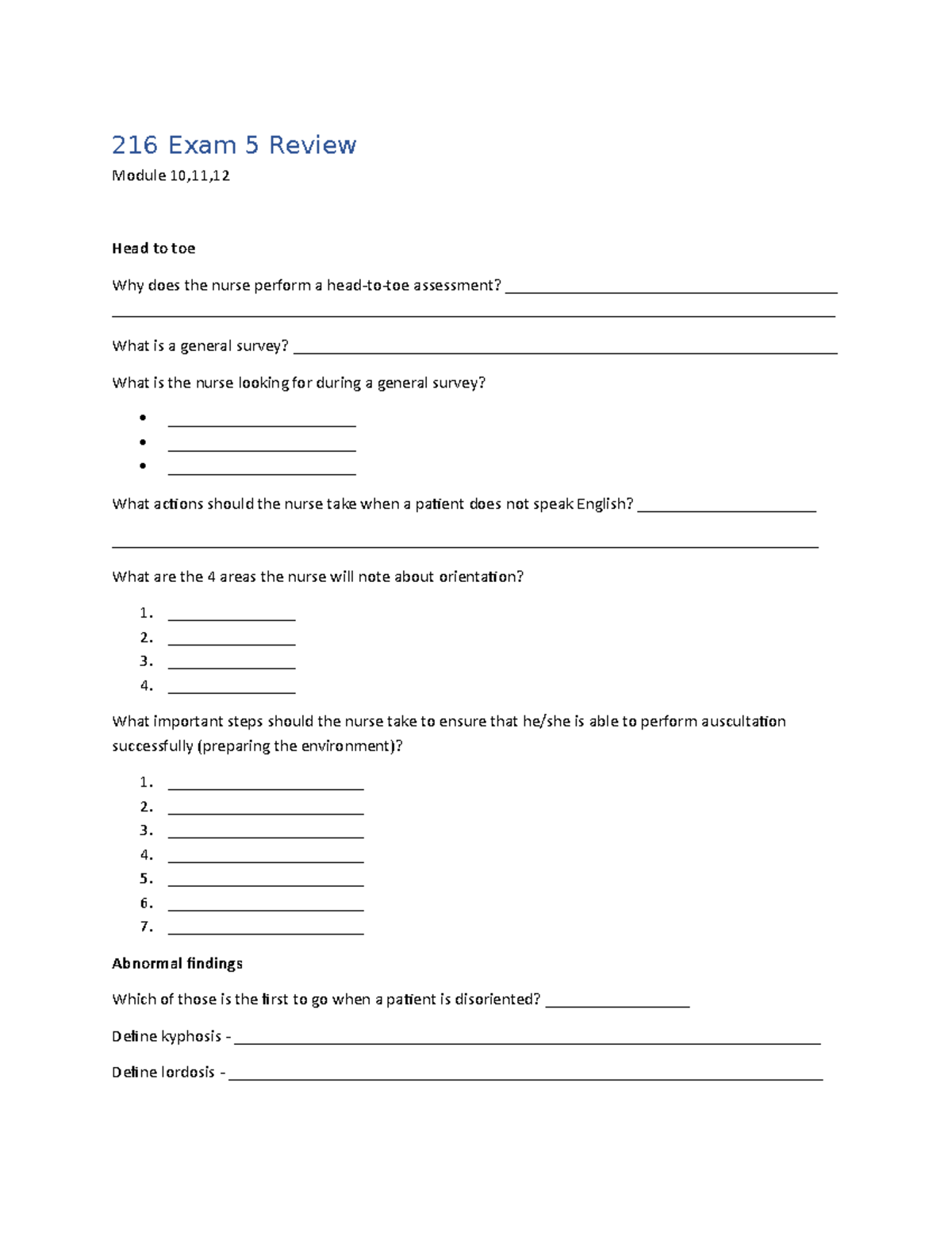 216 Exam 5 Review student worksheet - 216 Exam 5 Review Module 10,11 ...