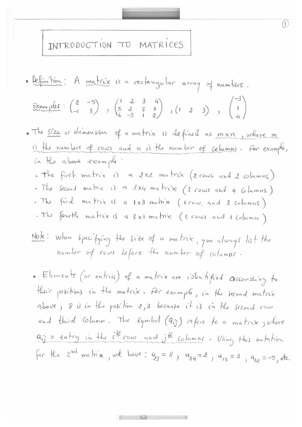 Handwritten Notes - Introduction to Matrices - I INTROJ)UCiioN 10 M AI ...
