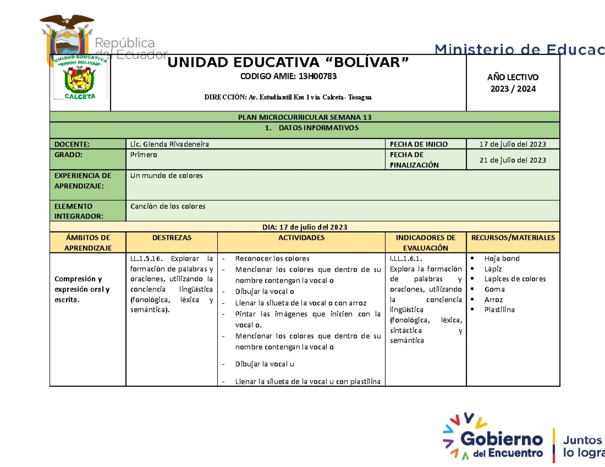 Planificacion Semana 11 Preparatoria - UNIDAD EDUCATIVA “BOLÍVAR ...