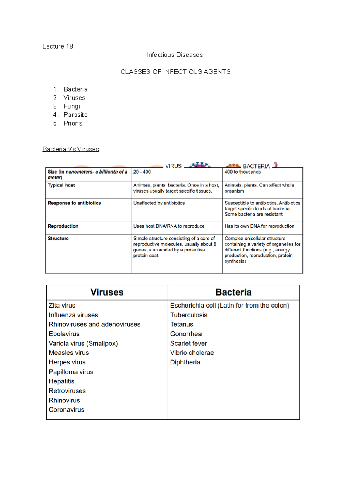 Infectious Diseases - Lecture 18 Infectious Diseases CLASSES OF ...