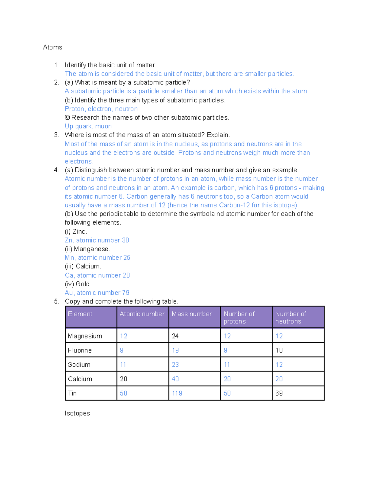 Atoms - Practice Questions answered Module 1 Chemistry - Atoms 1 ...
