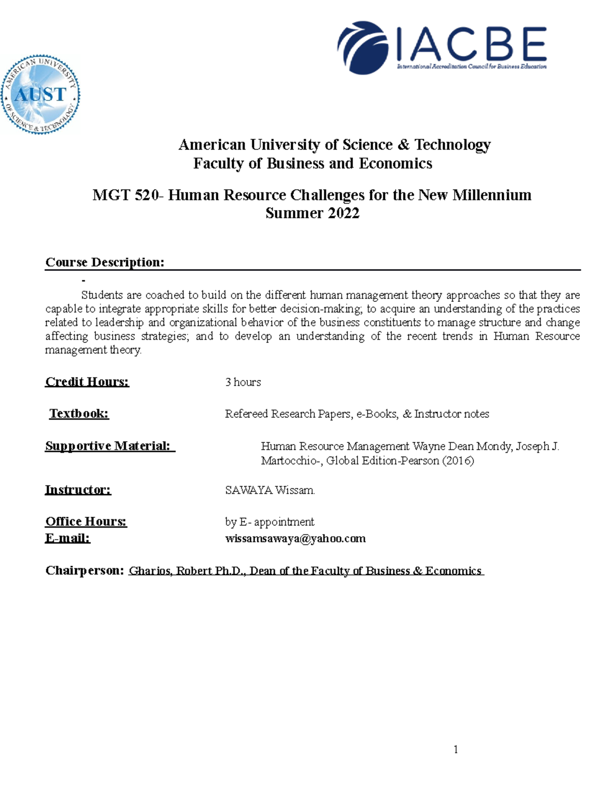 Syllabus MGT -520-Human Resource Challenges for the New Millenium ...