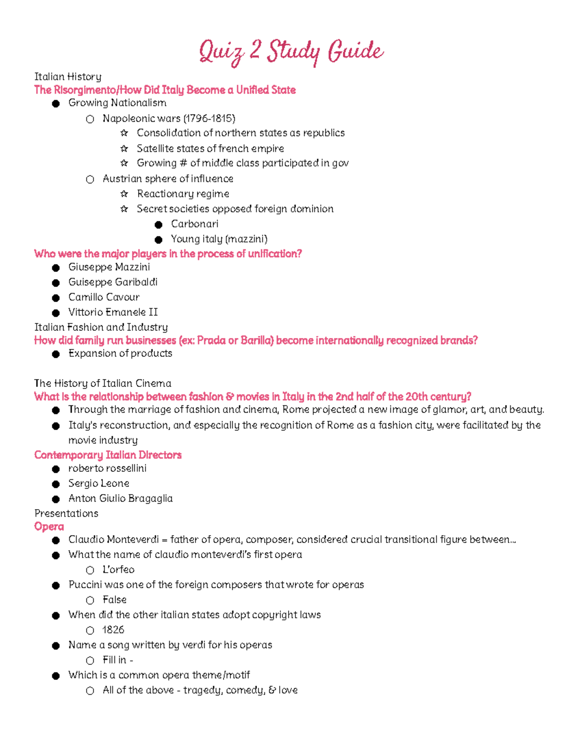 Quiz 2 Study Guide - Quiz 2 Study Guide Italian History The ...