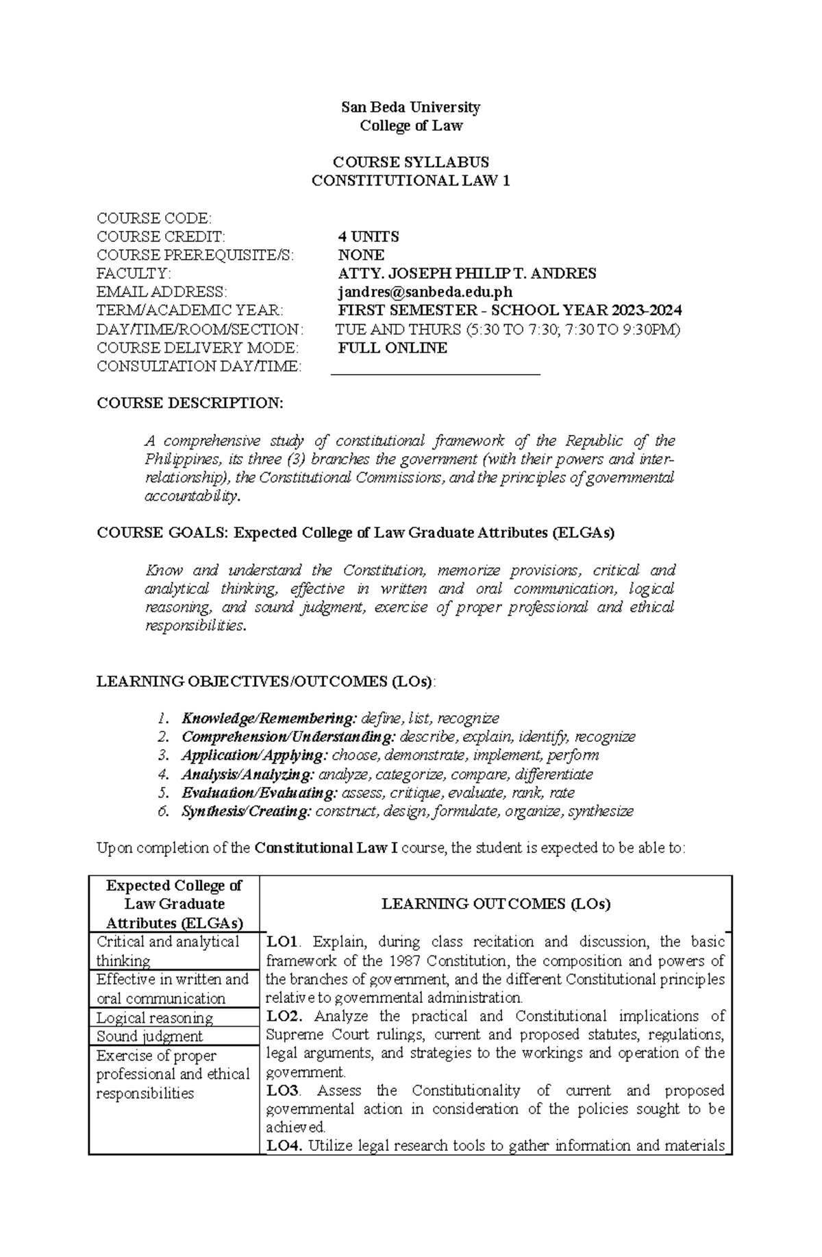 Consti LAW1 DEPT Syllabus SY2023 2024 - San Beda University College of ...