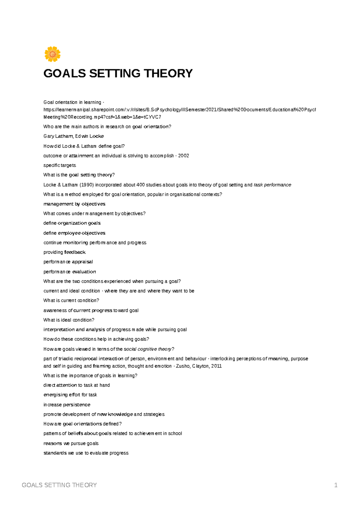 Goals Setting Theory - GOALS SETTING THEORY 1 🌼 GOALS SETTING THEORY ...