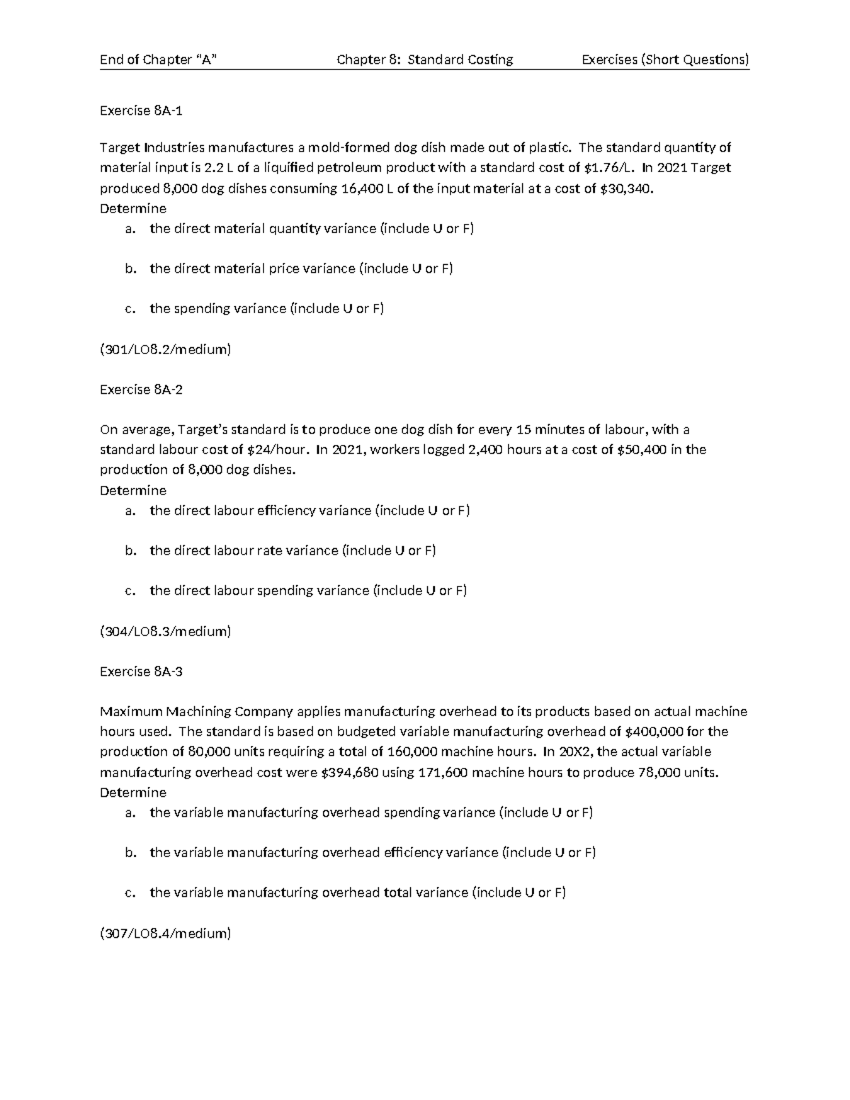 Chapter 08 - Questions - End of Chapter “A” Chapter 8: Standard Costing ...