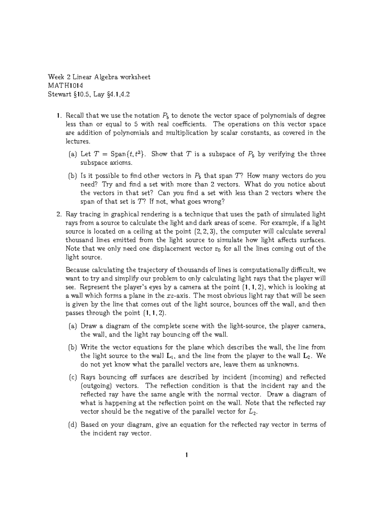 Workshop Week 3 questions - Week 2 Linear Algebra worksheet MATH ...