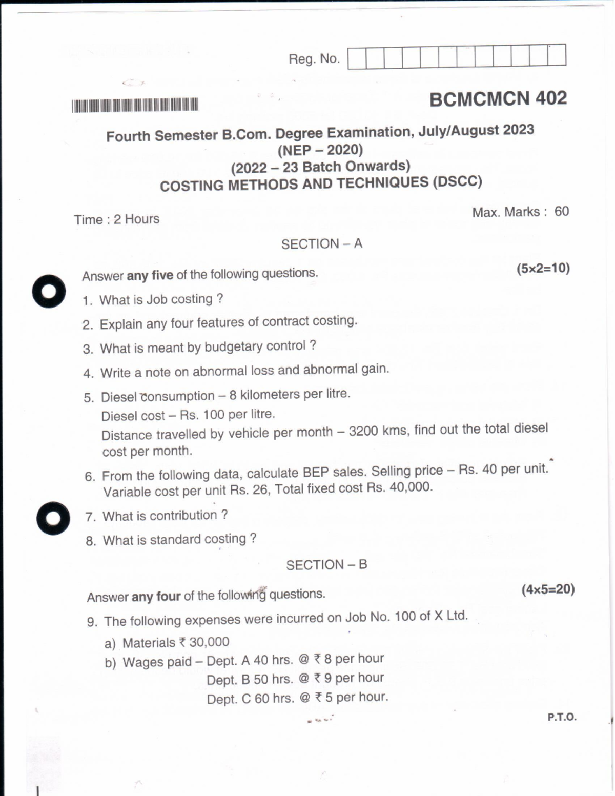 BCOM IV Semester Costing Methods and techniques NEP July 2023 - Bechalor of commerce - Studocu