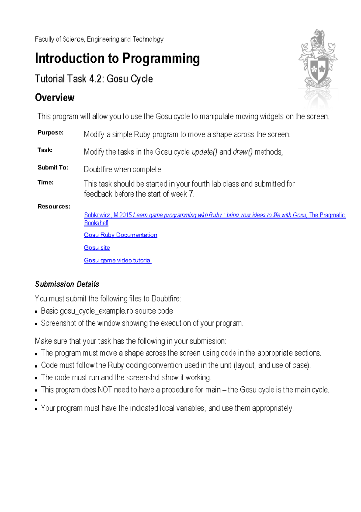 4 - SCFDFCDFC - Faculty of Science, Engineering and Technology Introduction to Programming ...