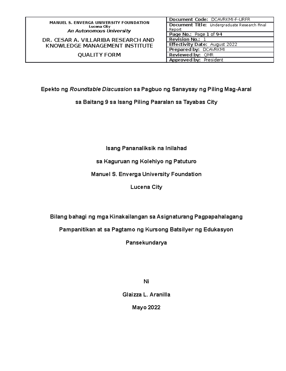 Aranilla Final Revised 2022 - MANUEL S. ENVERGA UNIVERSITY FOUNDATION ...