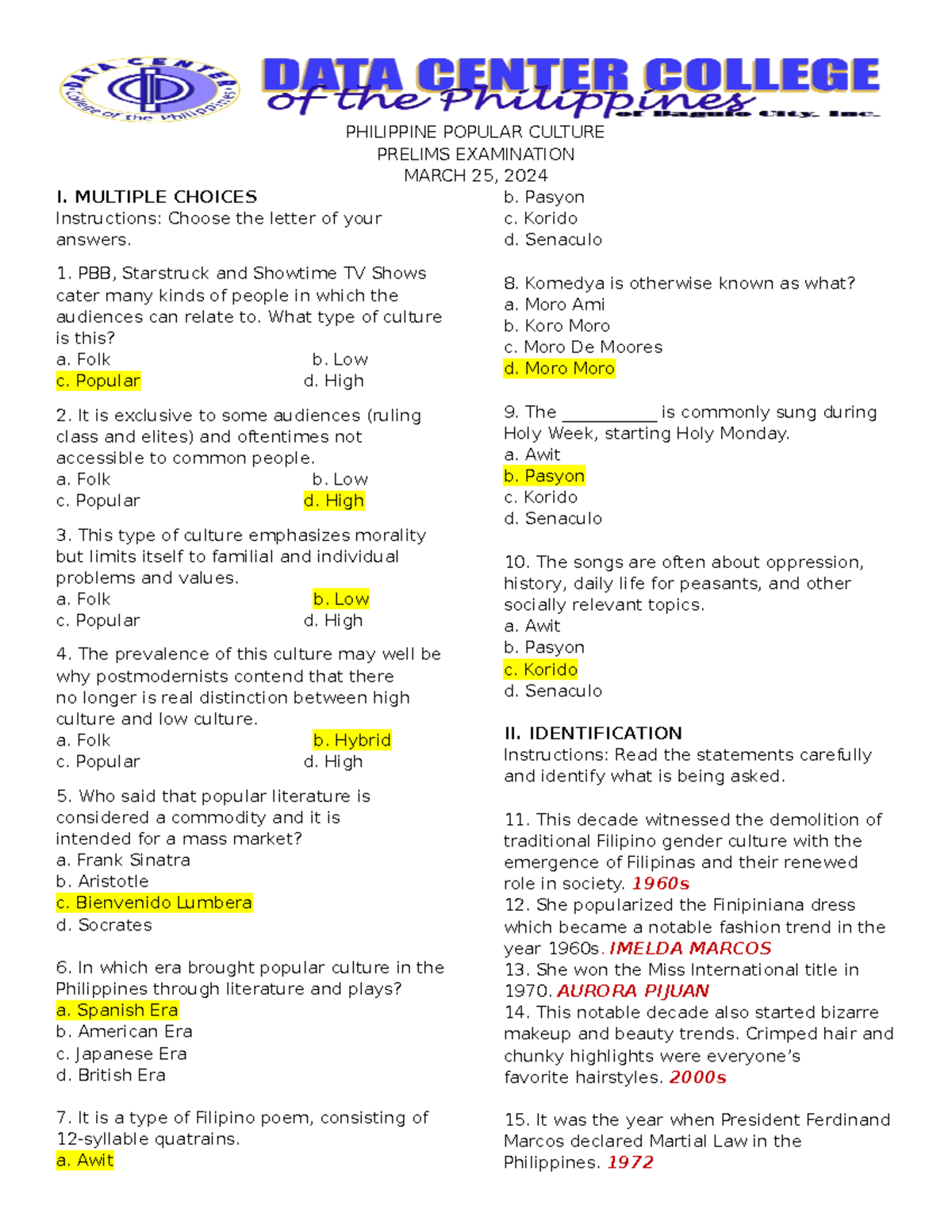 Prelims - Practice test - PHILIPPINE POPULAR CULTURE PRELIMS ...
