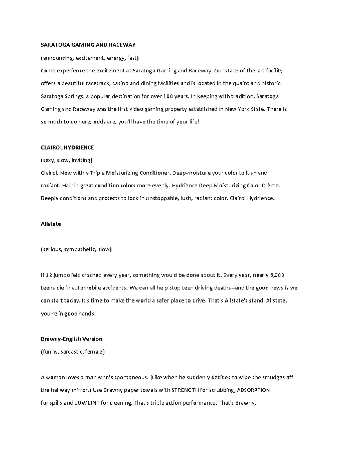 Short- Commercial- Scripts - SARATOGA GAMING AND RACEWAY (announcing ...