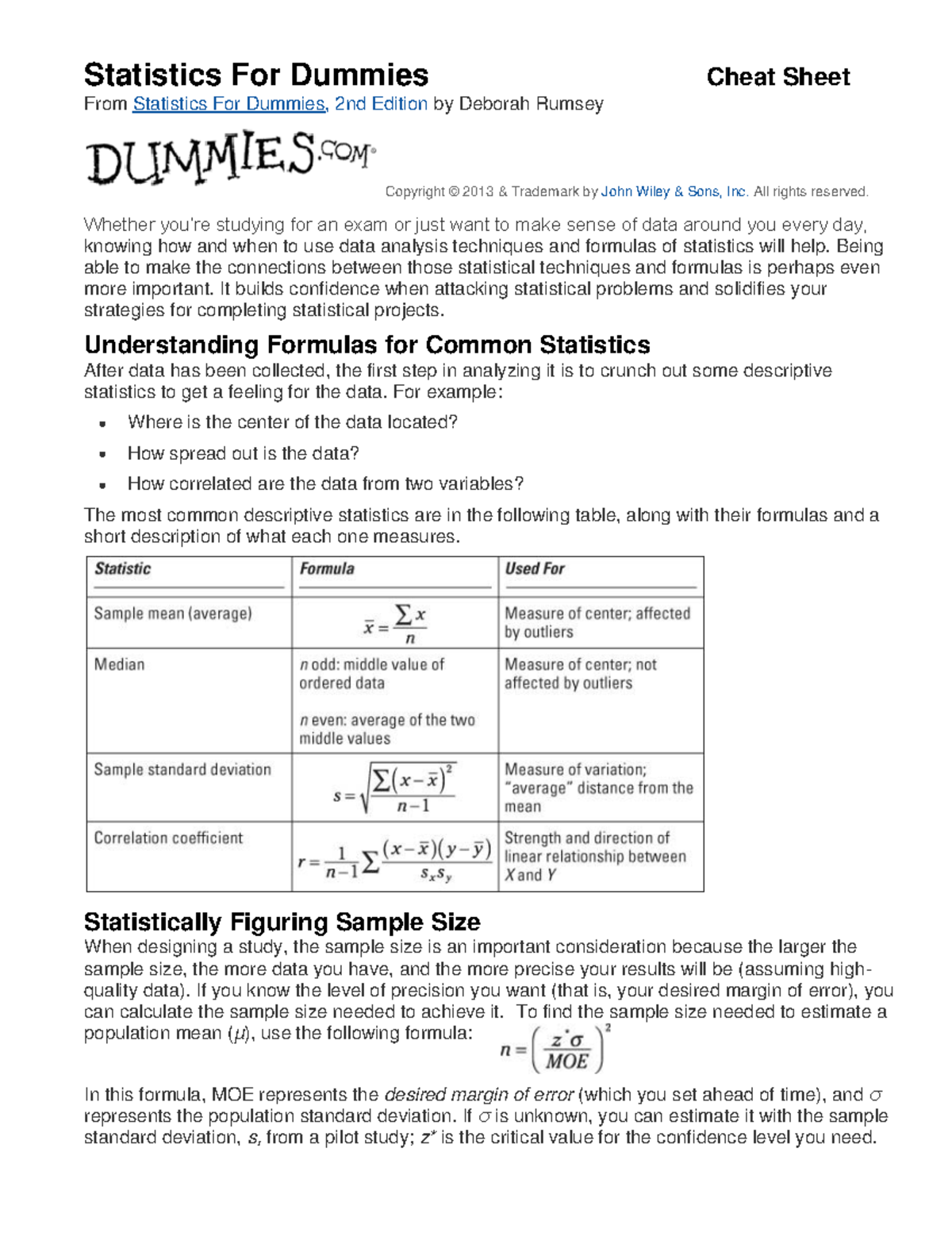 Statistics For Dummies - Cheat Sheet - Statistics For Dummies Cheat ...