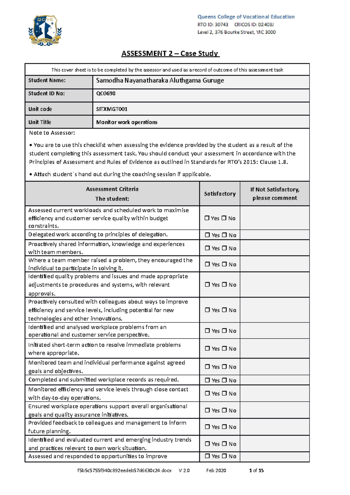 Assessment 2 Sitxmgt 001 Monitor work operations - ASSESSMENT 2 – Case ...