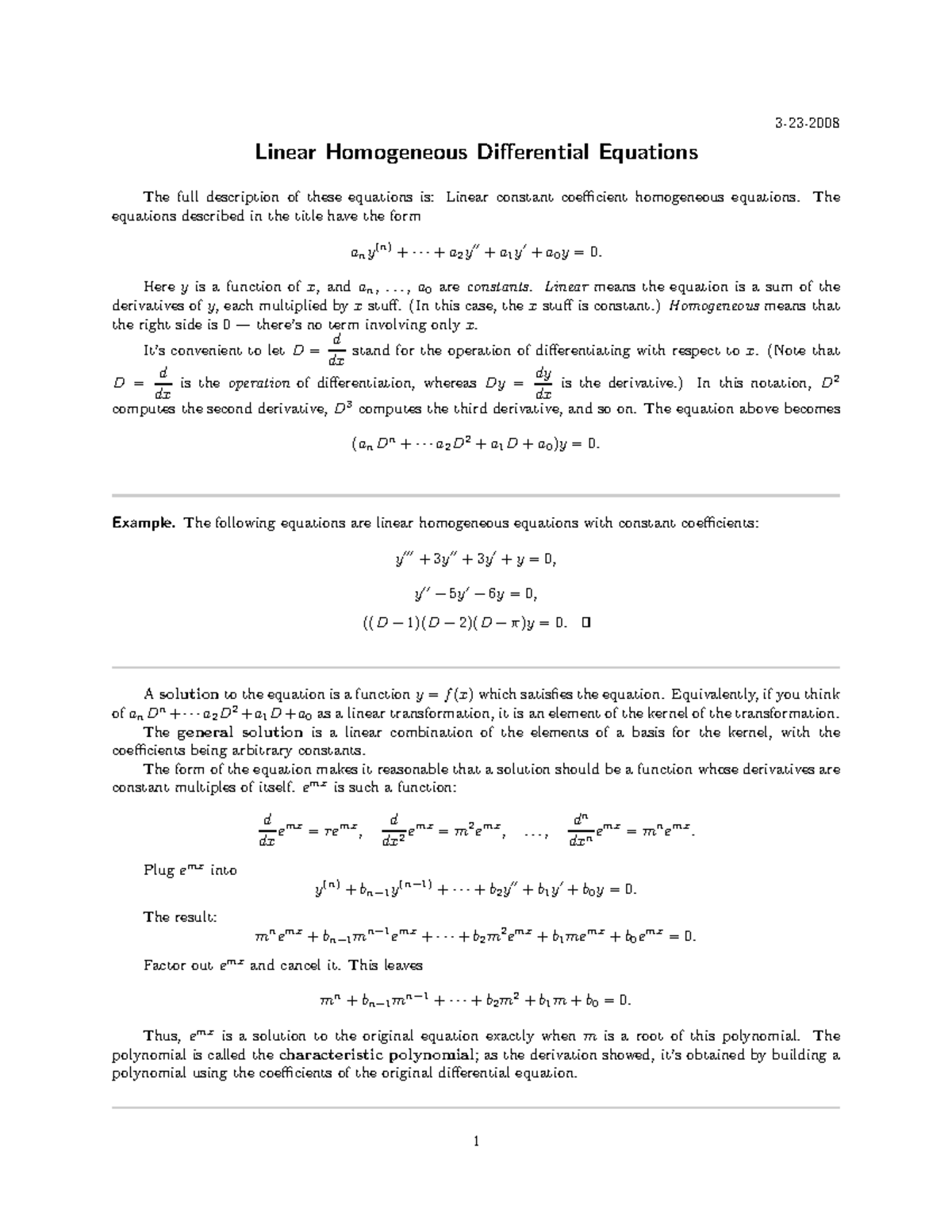 Linear Homogeneous Differential Equations - 3-23- Linear Homogeneous ...