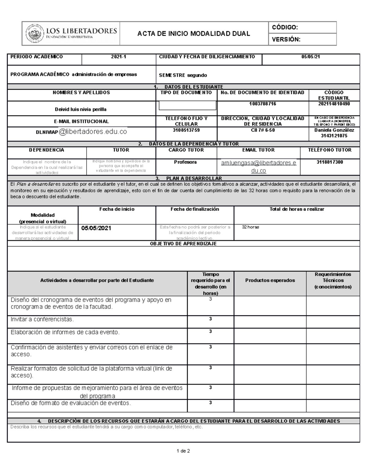 procesos de modalidad dual en el area de bienestar - ACTA DE INICIO MODALIDAD DUAL CÓDIGO ...
