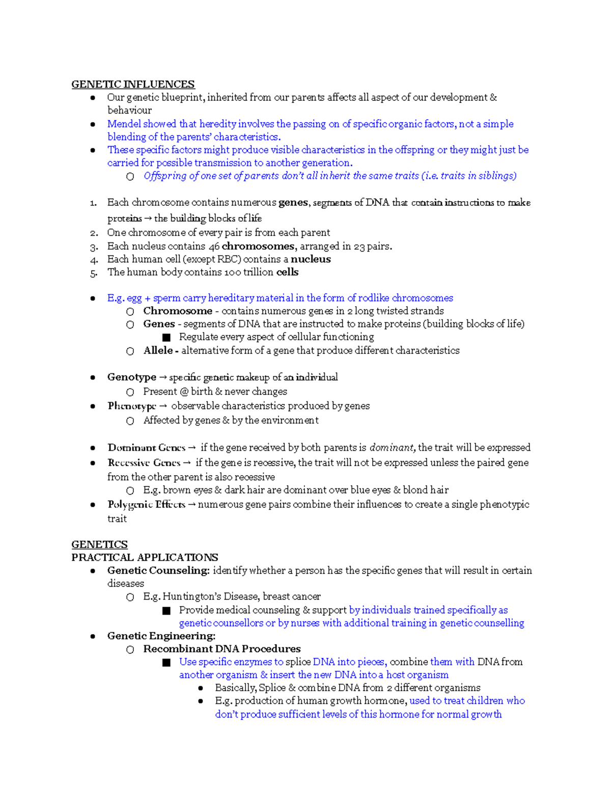 4. Genetics - Textbook+Lecture Notes - GENETIC INFLUENCES Our genetic ...