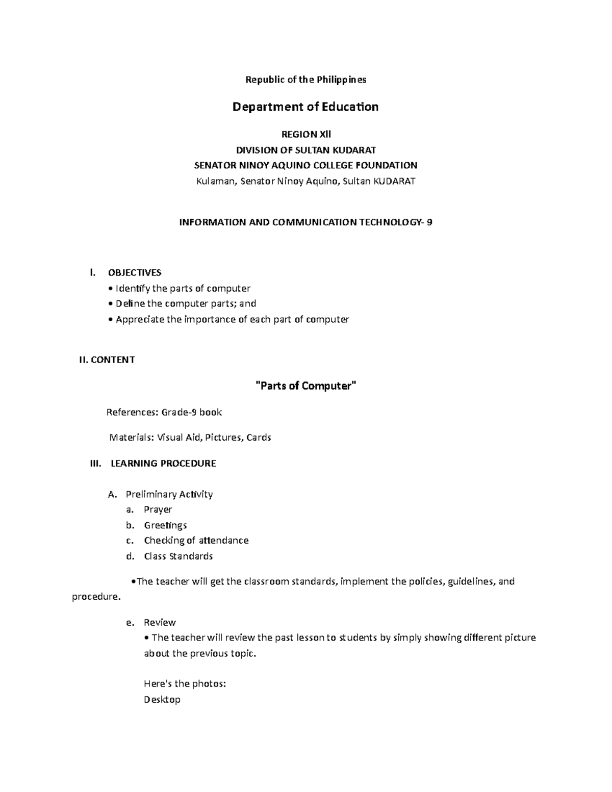 New LP - lesson plan - Republic of the Philippines Department of ...