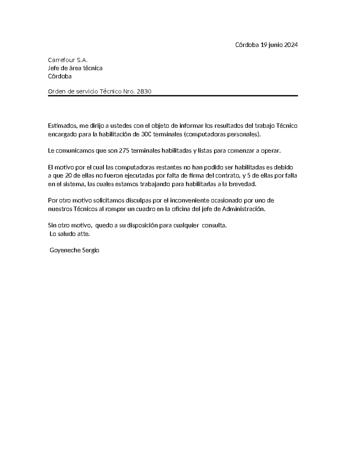 Modelo de carta - model oapex - Córdoba 19 junio 2024 Carrefour S. Jefe ...