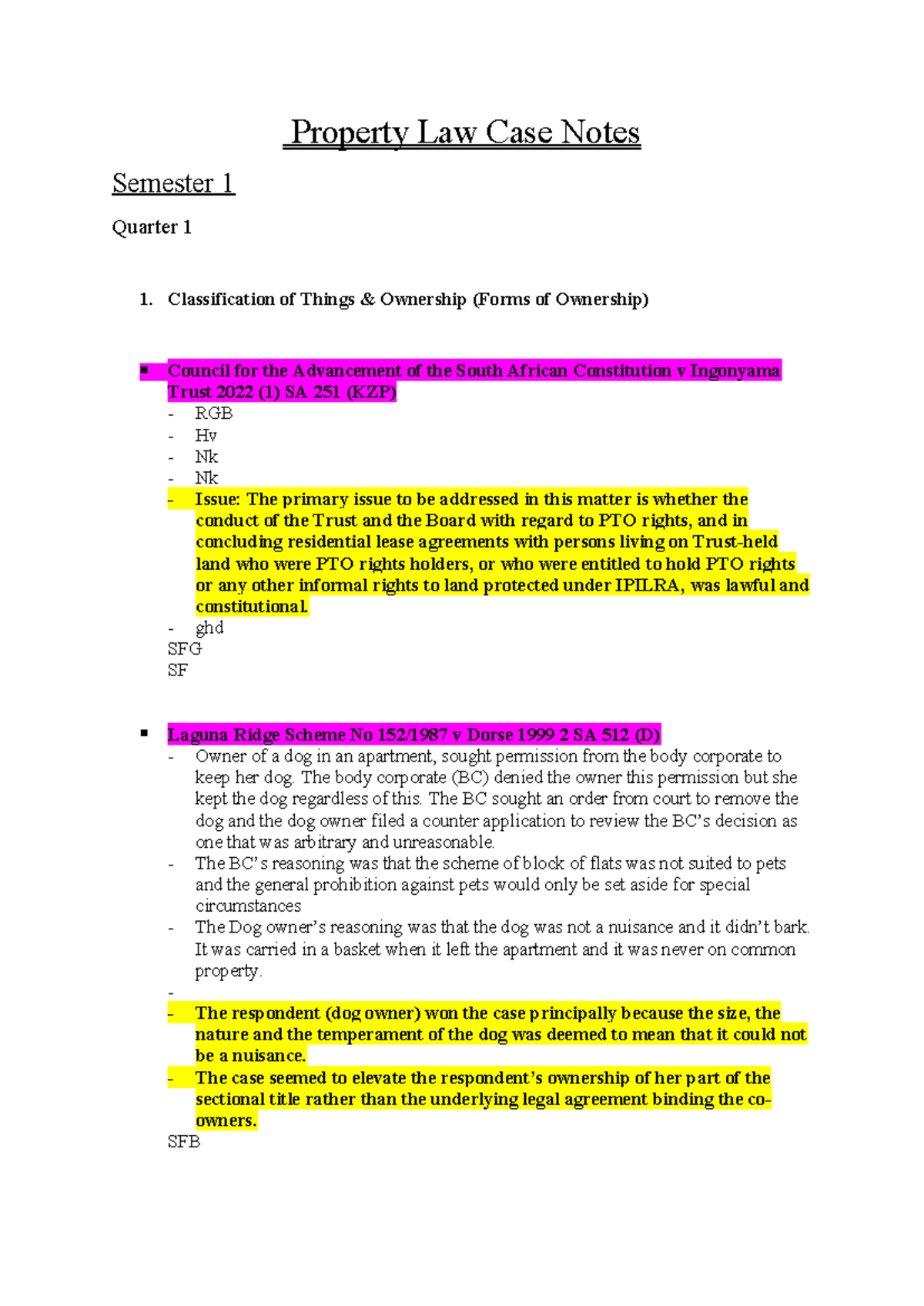 Property Law Case Notes - Property Law Case Notes Semester 1 Quarter 1 ...