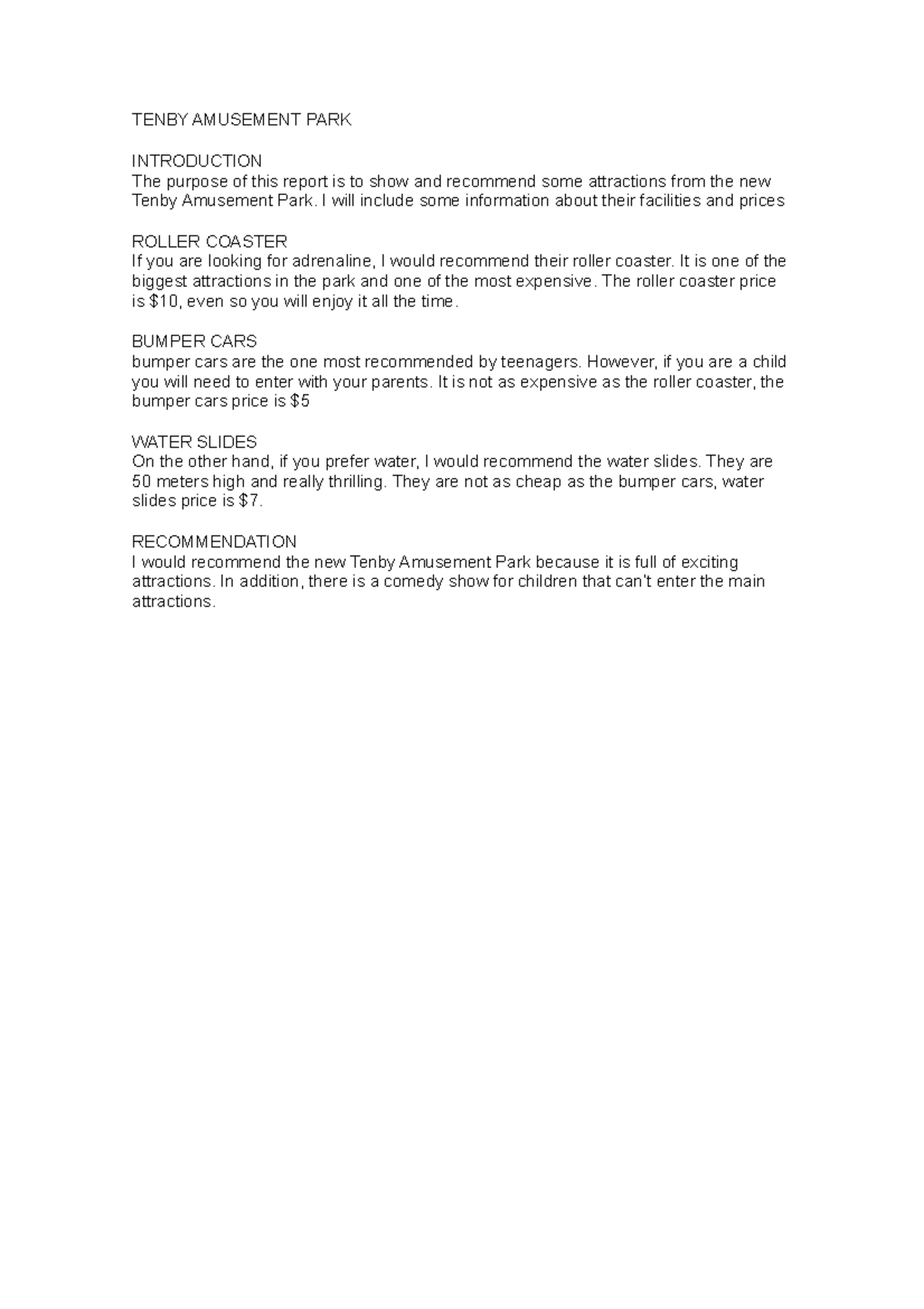 Tenby Amusement PARK - writing - TENBY AMUSEMENT PARK INTRODUCTION The ...