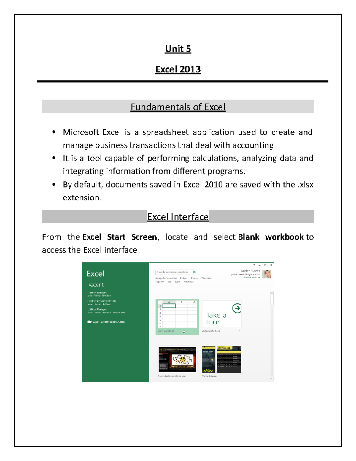 Unit 5 Notes pracs - Computer Studies - Unit 5 Excel 2013 Fundamentals ...