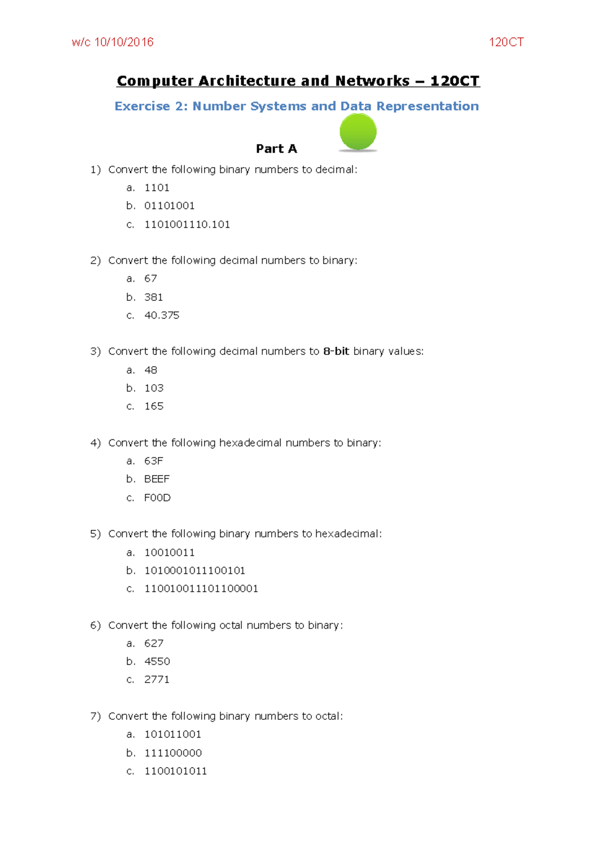 Exercise 2 Number Systems And Data Representation - W C 10 10 2016 