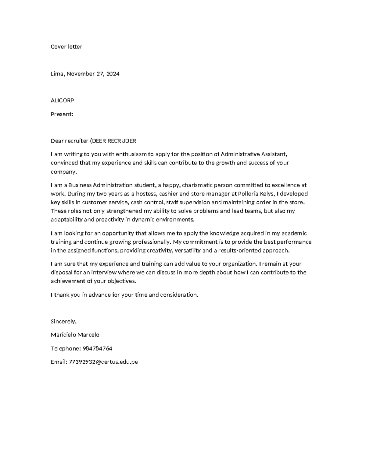 Cover letter - trabajo - Cover letter Lima, November 27, 2024 ALICORP ...