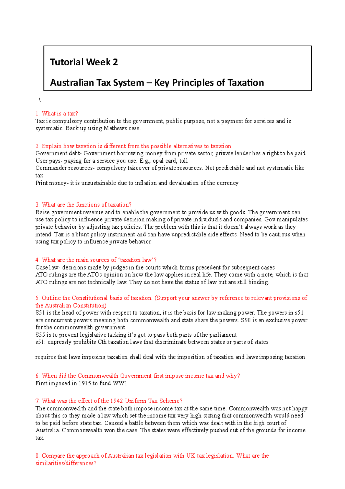 Week 2 Tutorial Questions and answers - Tutorial Week 2 Australian Tax System – Key Principles ...