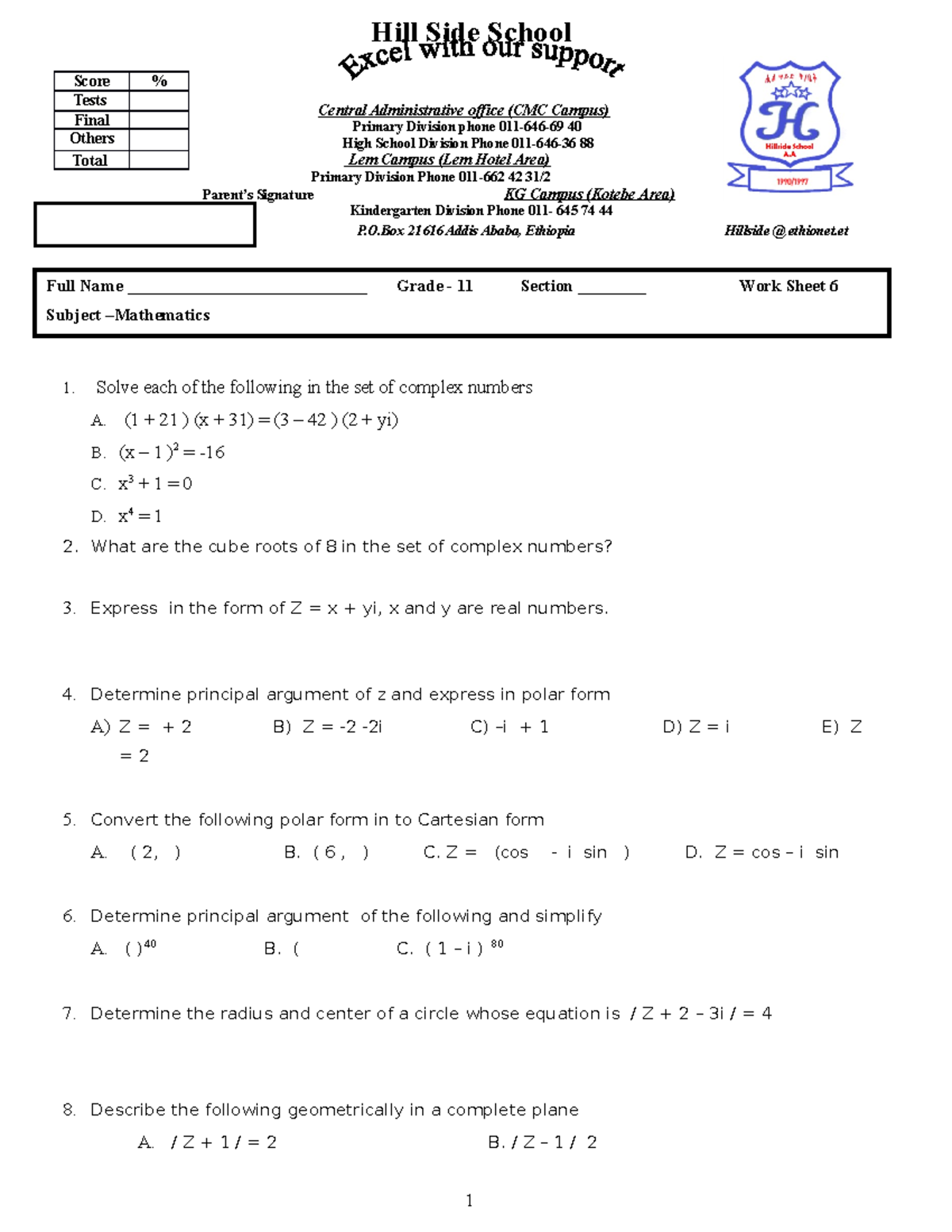 Mathematics Work Sheet Grade 11 - Hill Side School Central ...