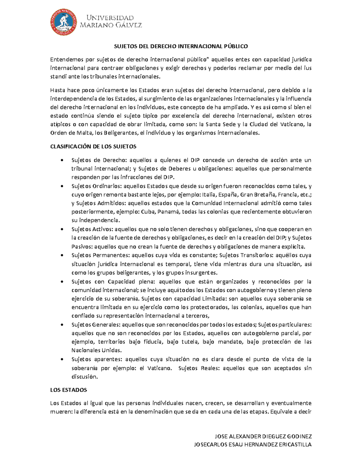 Resumen Sujetos DEL Derecho Internacional Público - JOSE ALEXANDER ...