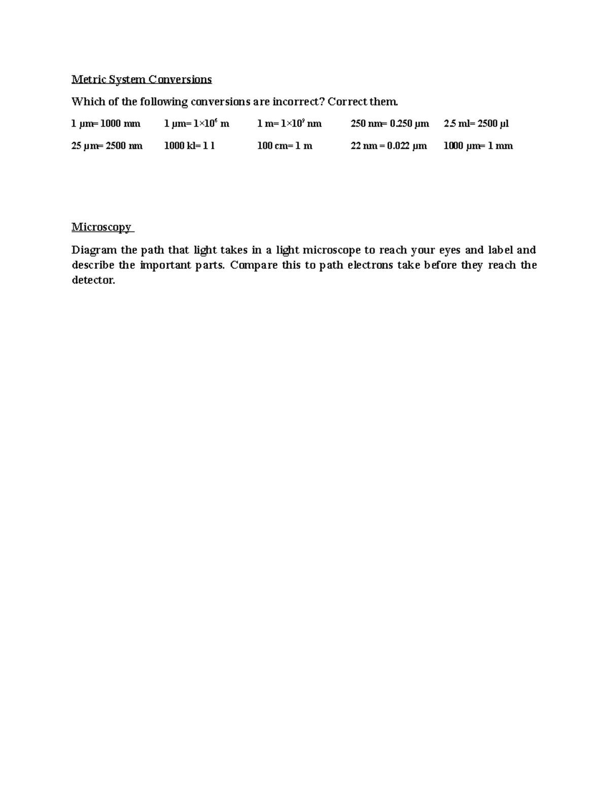 Microscopy Worksheet - chapter si review sheet - Metric System ...
