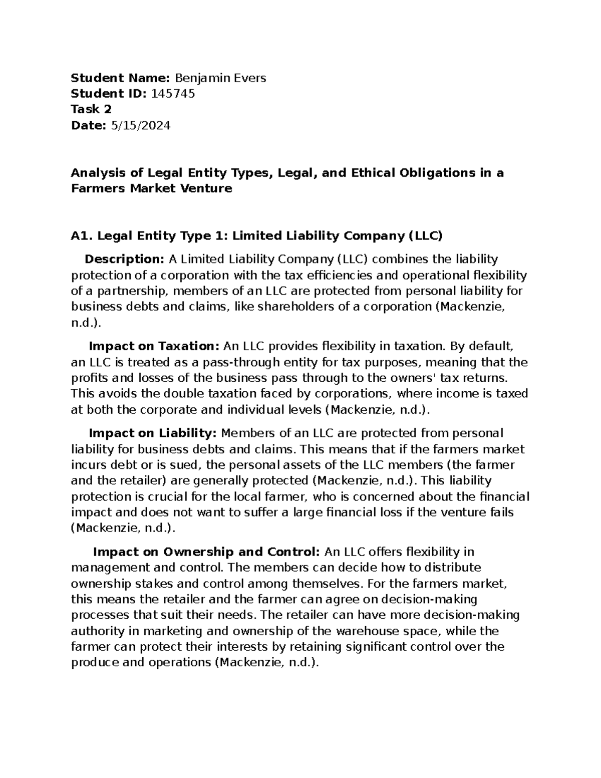 Task 2 buisness environment - Student Name: Benjamin Evers Student ID ...