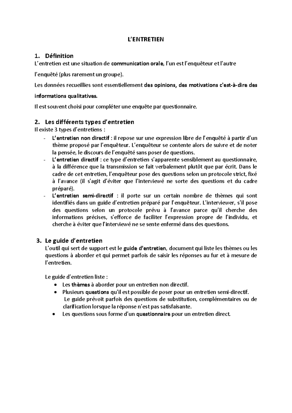 Fiche Guide Entretien enquete - L’ENTRETIEN 1. Définition L’entretien ...
