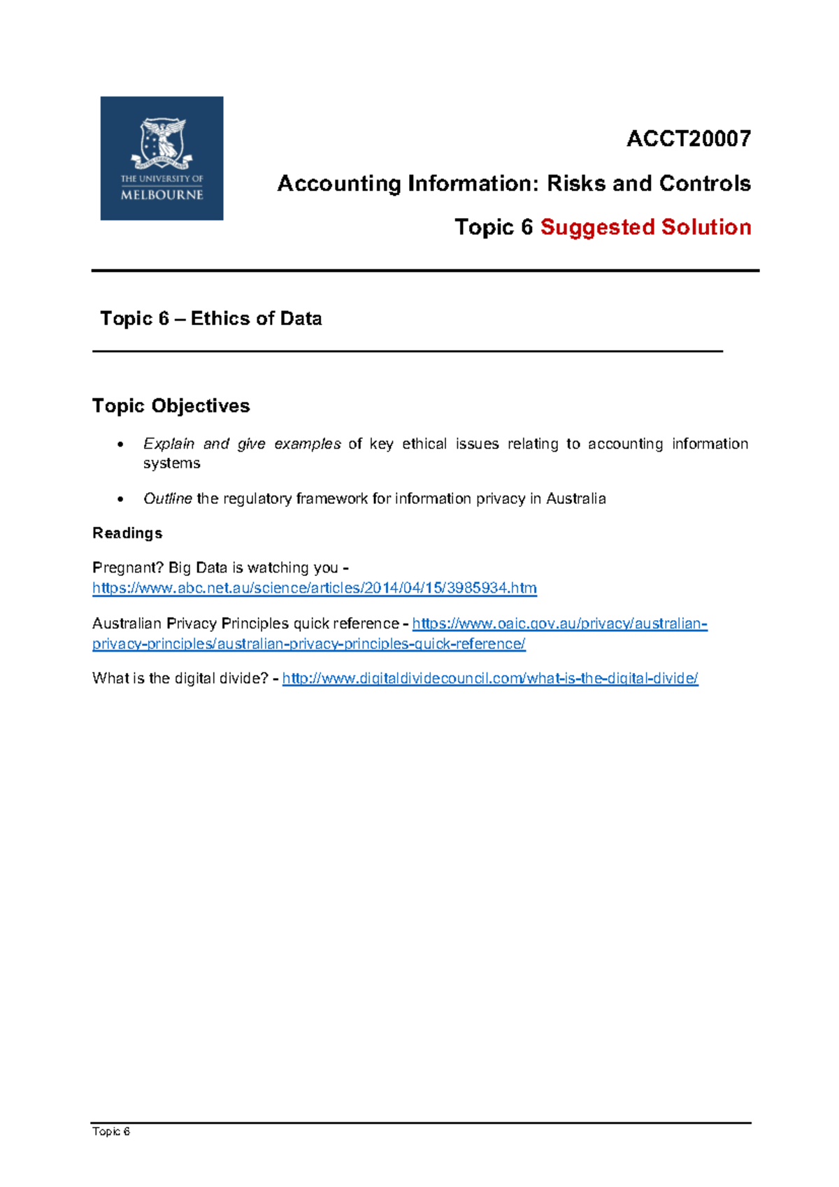 Week 6 Tutorial Topic 6 - Suggested Solution-3 - ACCT 20007 Accounting ...