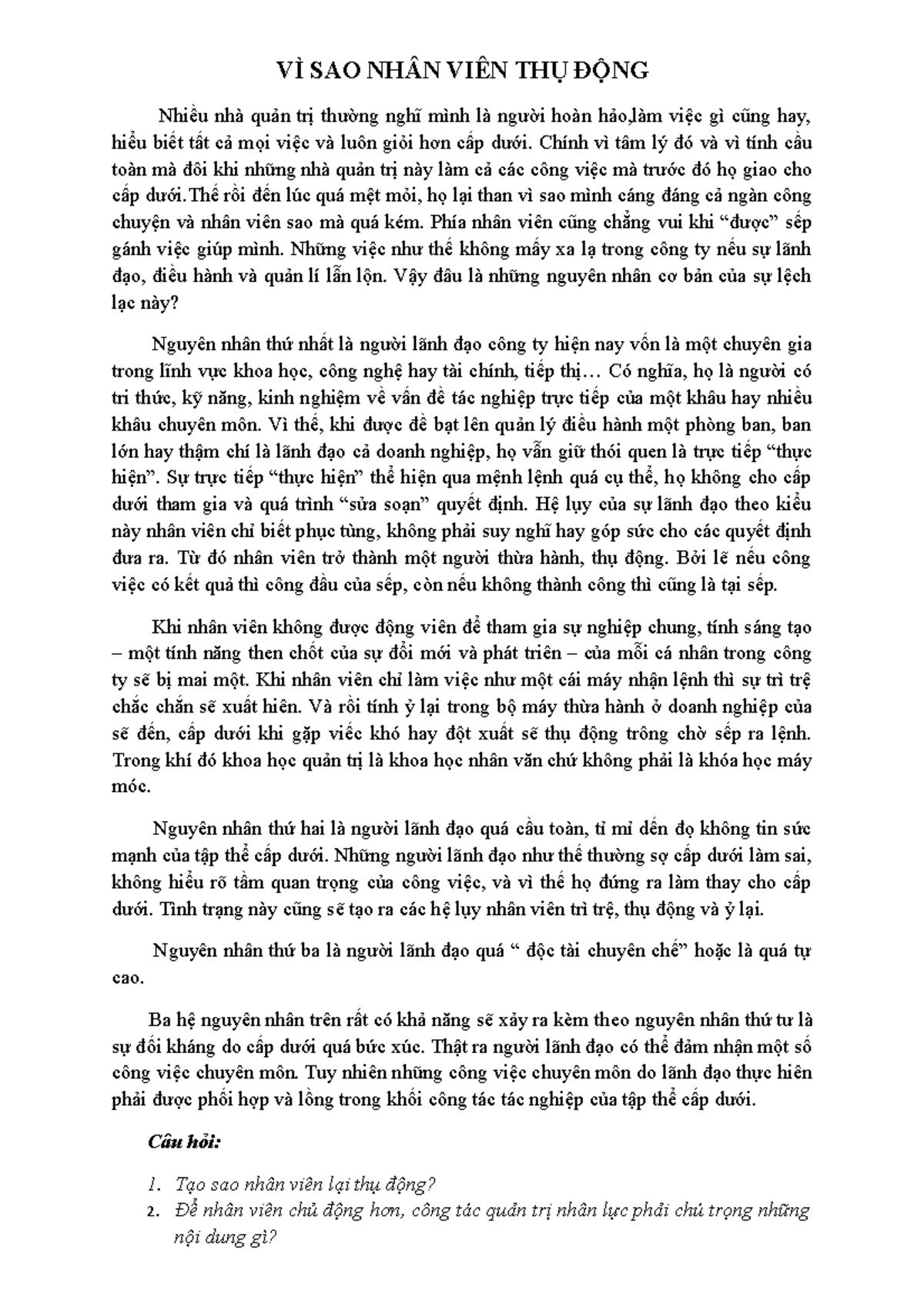 Vi sao nhan vien thu dong - VÌ SAO NHÂN VIÊN THỤ ĐỘNG Nhiều nhà quản ...