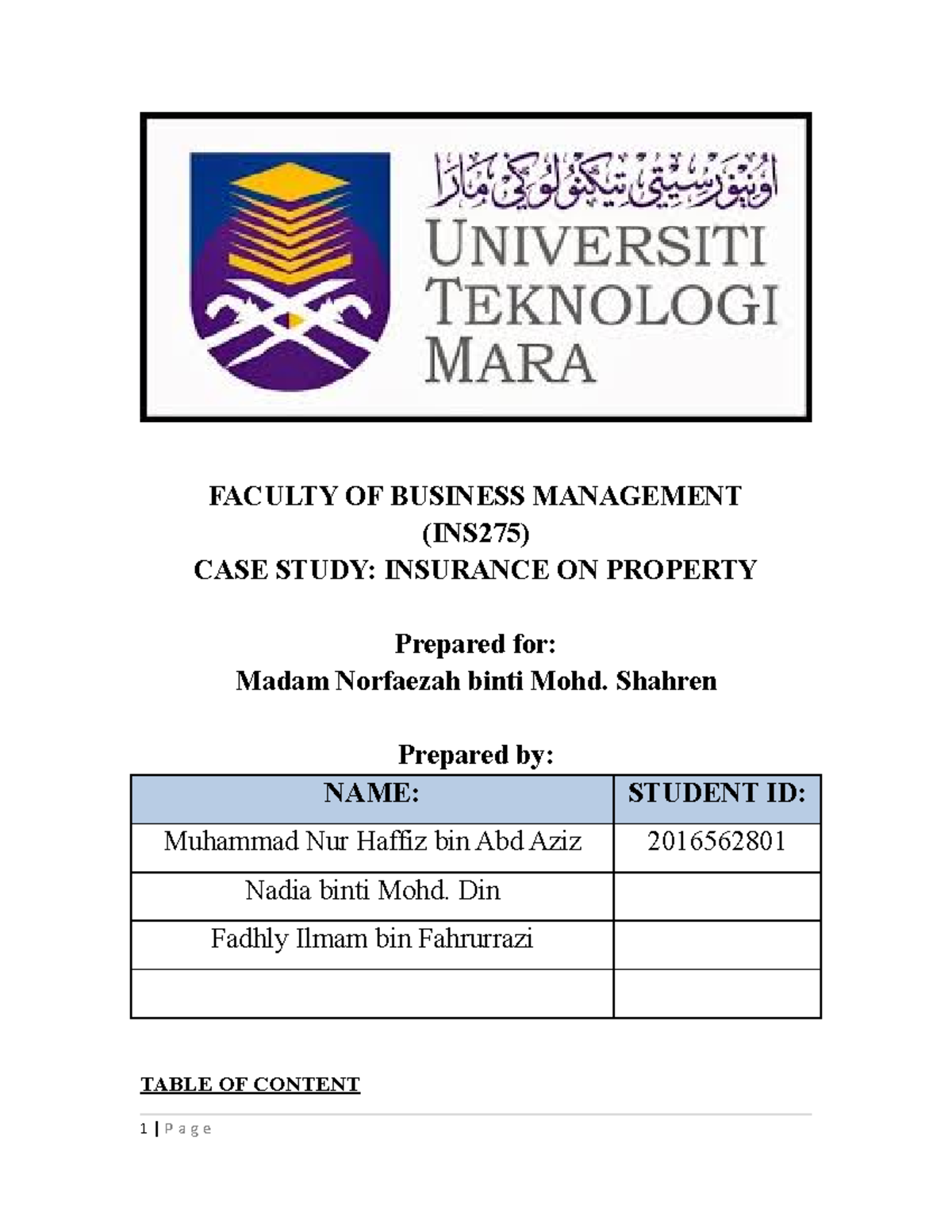 Case study Introduction to Risk & Insurance (INS200) - FACULTY OF ...