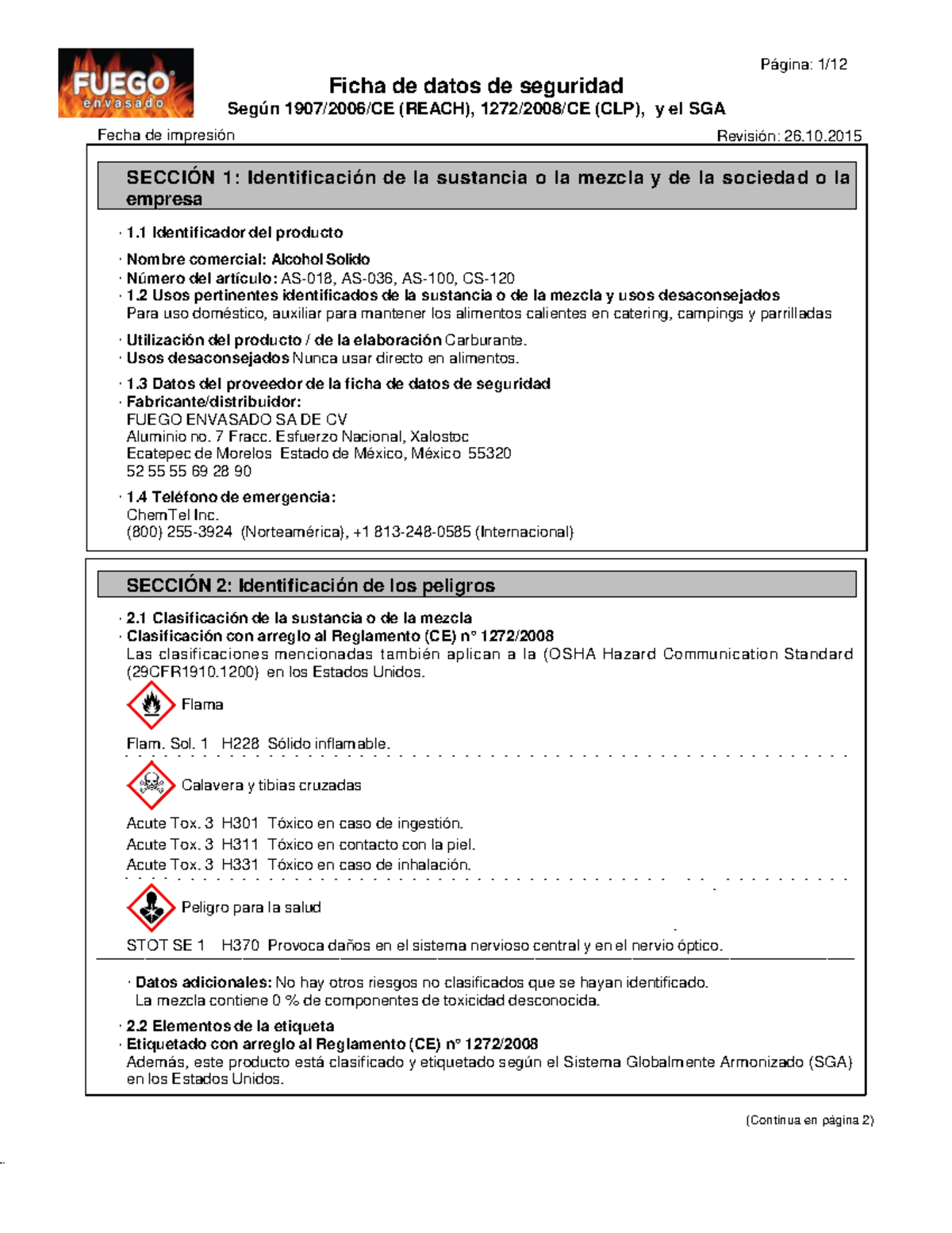 FE SDS Alcohol Solido - ficha de sustancia - Ficha de datos de ...