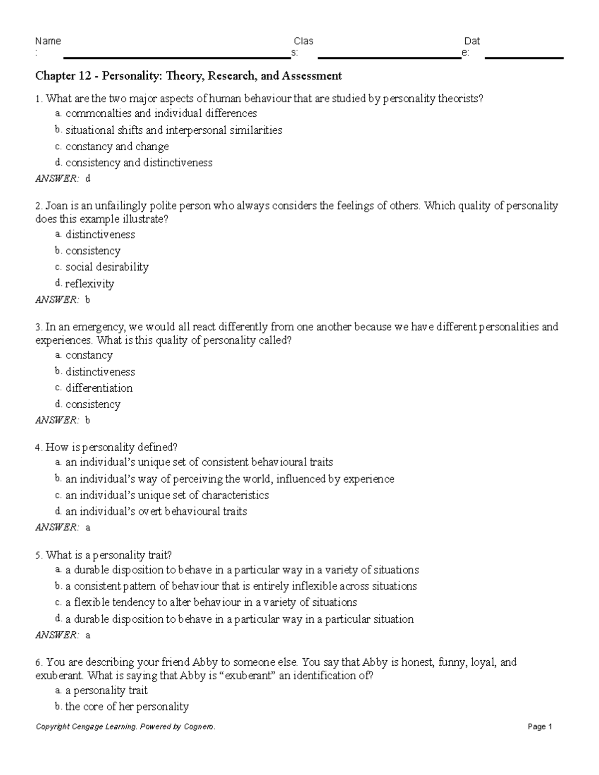 Chapter 12 Personality Theory Research and Assessment - Chapter 12 ...