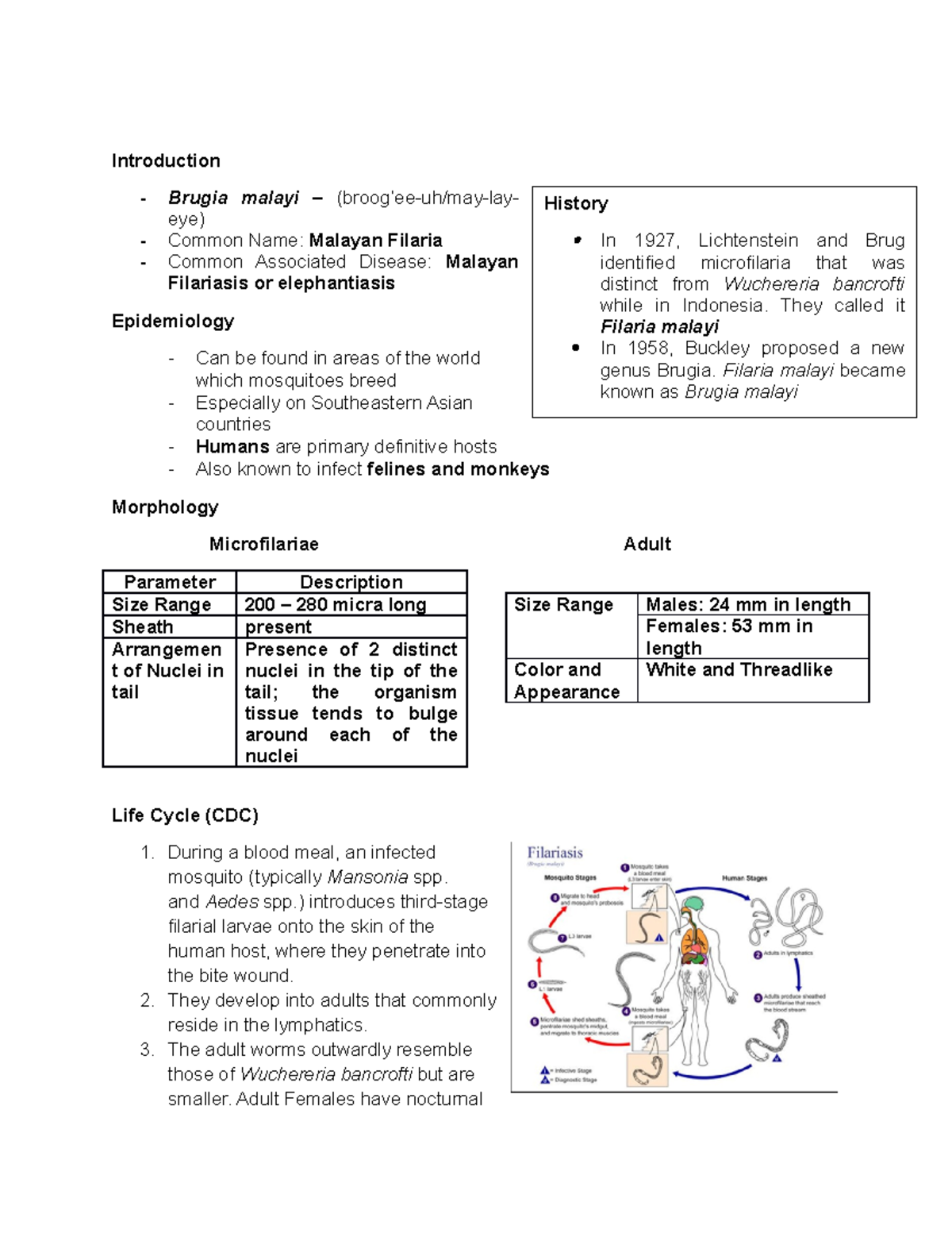 Brugiamalayi - Summary notes of B. malayi - History In 1927 ...