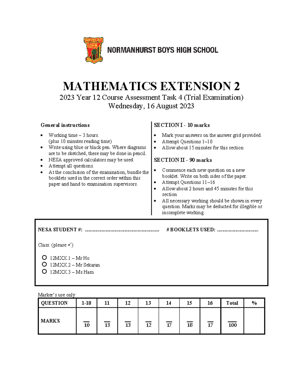2023 Extension 2 Normanhurst Paper - MATHEMATICS EXTENSION 2 2023 Year ...