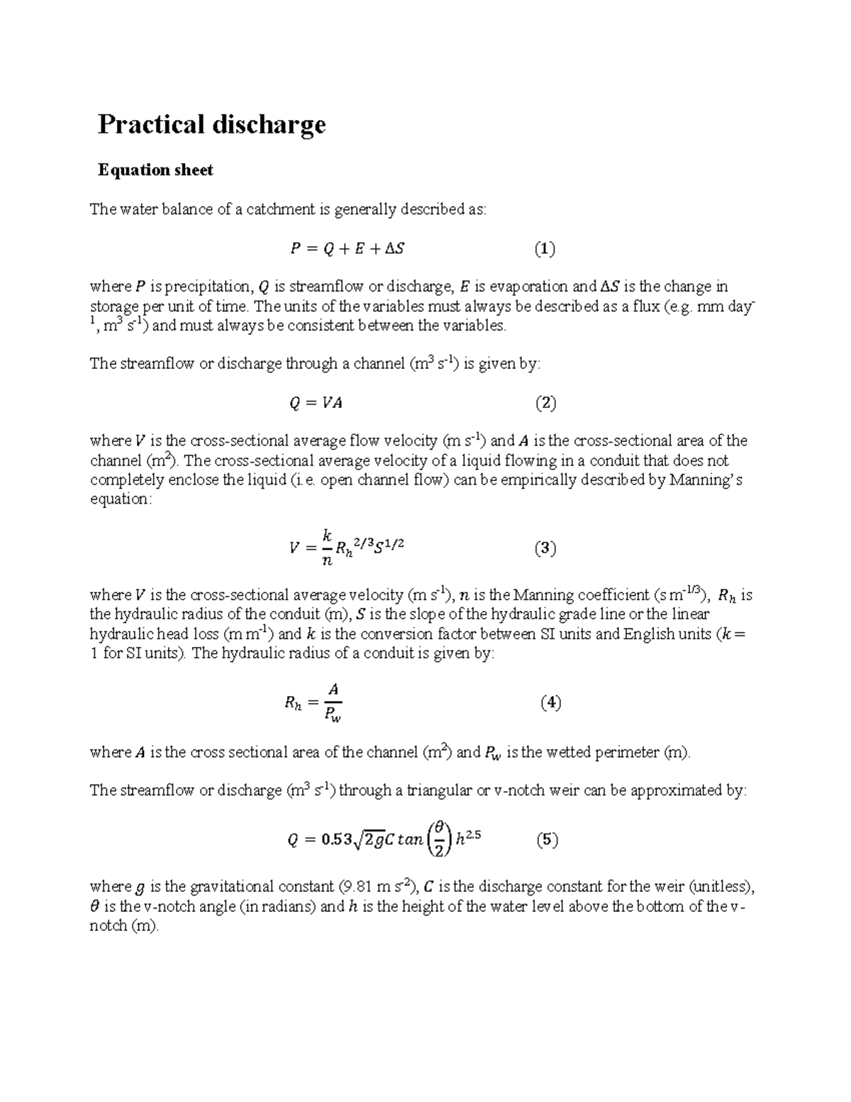 Practical discharge - practicum hydro - Practical discharge Equation ...