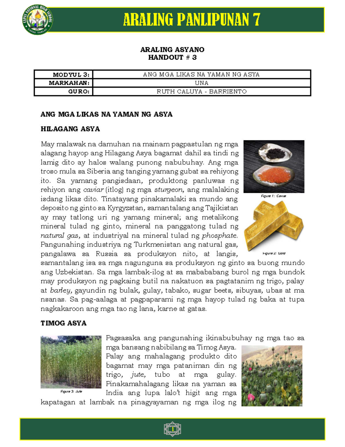AP 7 Q1 Handout Modyul 3 WEEK 3 - ARALING PANLIPUNAN 7 1 ARALING ASYANO ...