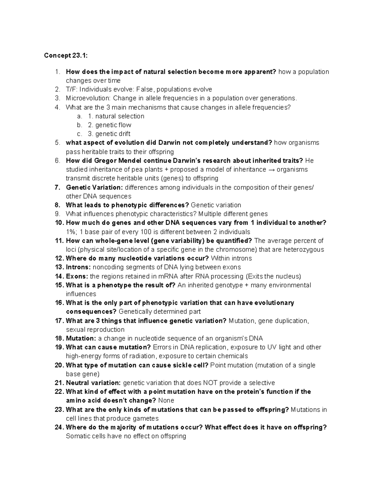 BIO 1306 Ch. 23 - Practice questions based on ch. 23 in pearson biology ...