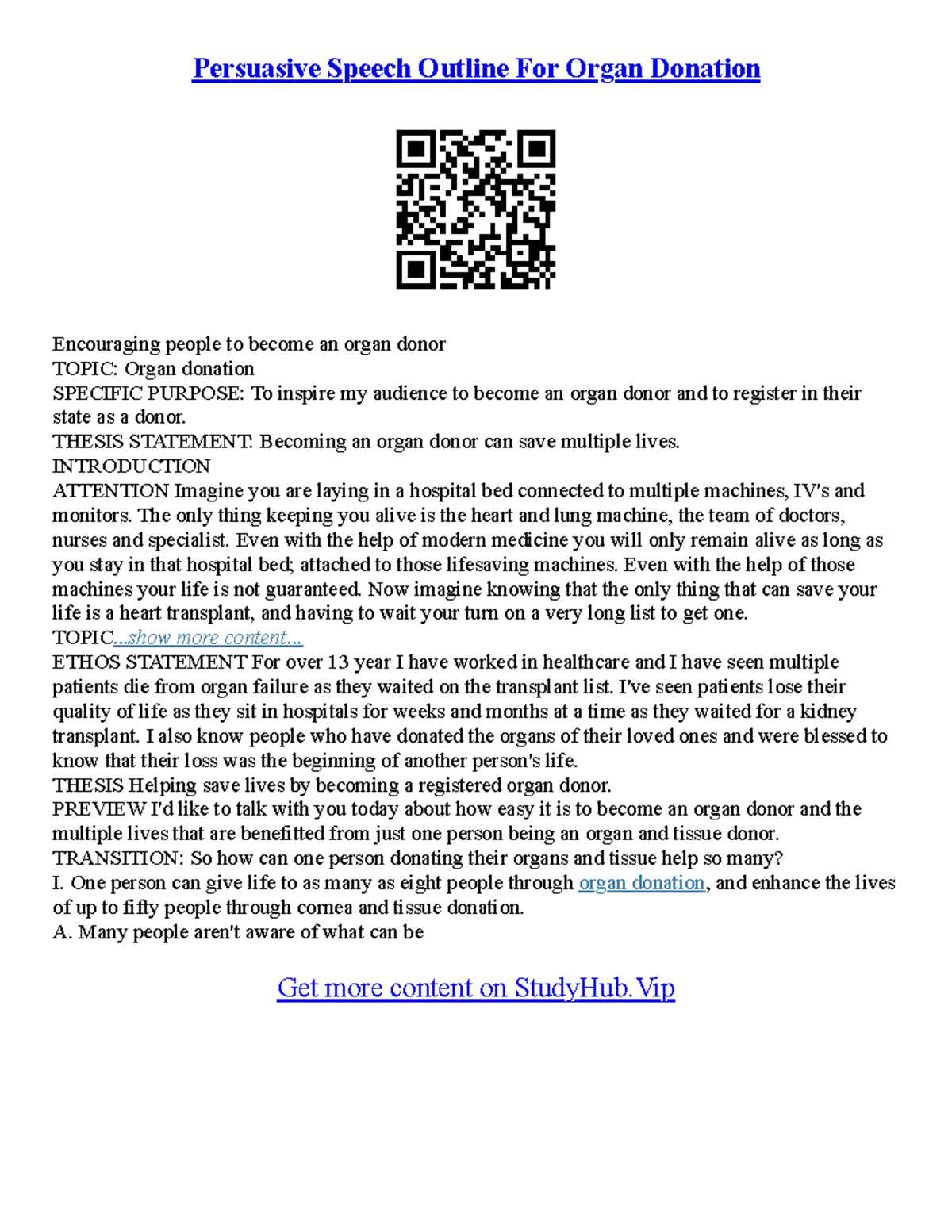 Persuasive Essay Outline Example - Persuasive Speech Outline For Organ ...