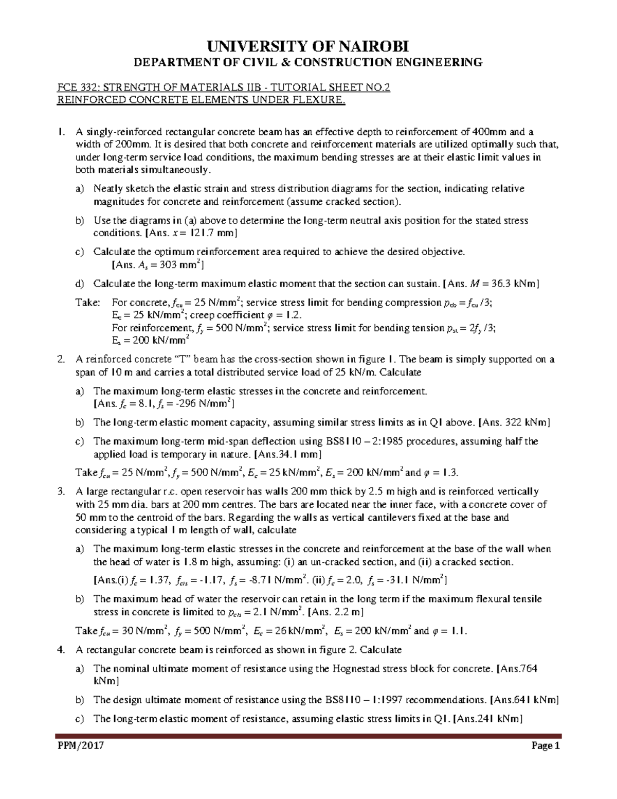 2a - FCE 332 Tutorial NO - UNIVERSITY OF NAIROBI DEPARTMENT OF CIVIL ...