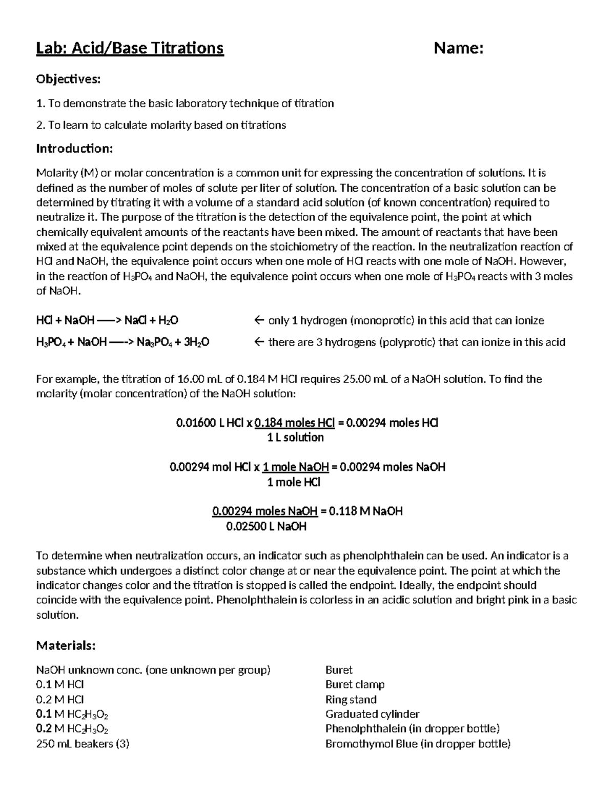 Titration Lab 2022 - Lab: Acid/Base Titrations Name: Objectives: To ...